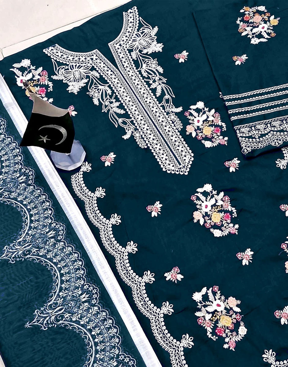 Elegant Embroidered Lawn Dress with Digital Print Diamond Dupatta (DZ1 – DressyZone.com