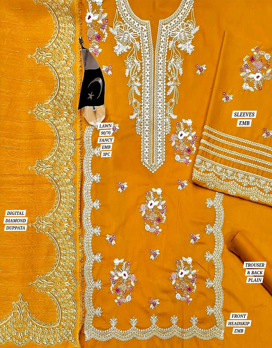 Elegant Embroidered Lawn Dress with Digital Print Diamond Dupatta (DZ1 – DressyZone.com